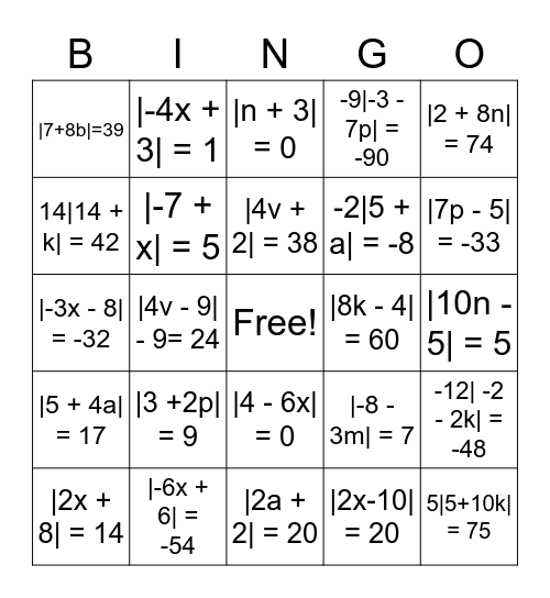 Absolute Value Equations Bingo Card