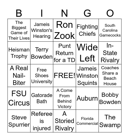 FSU v. Florida Bingo Card