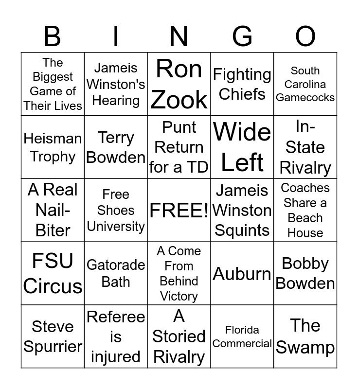 FSU v. Florida Bingo Card