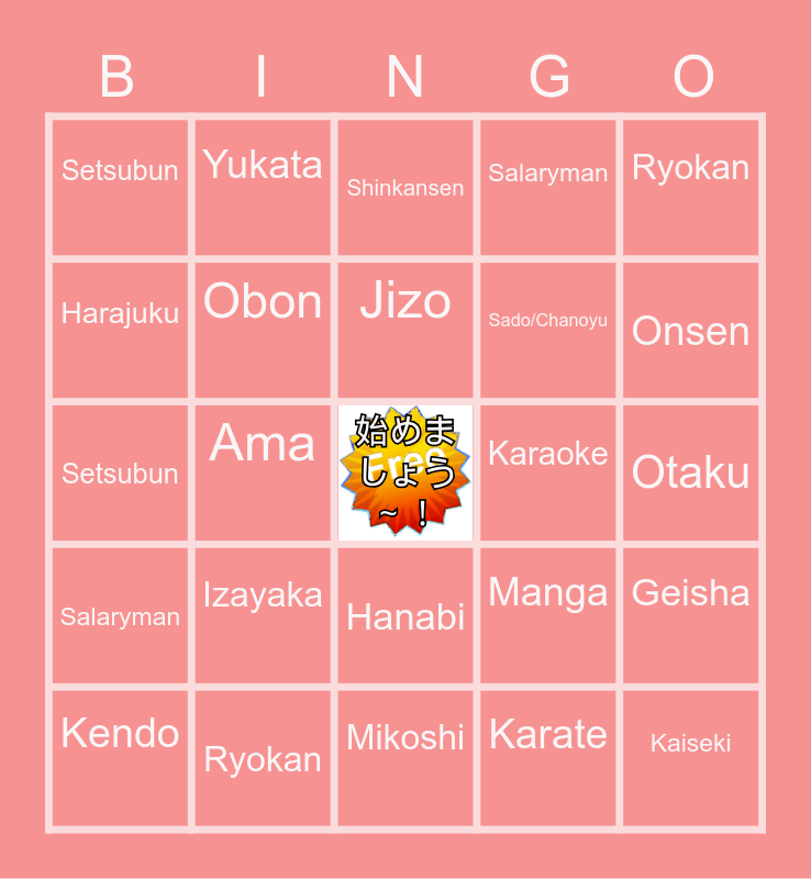 Japanese Culture~! (In Bingo Form) Bingo Card