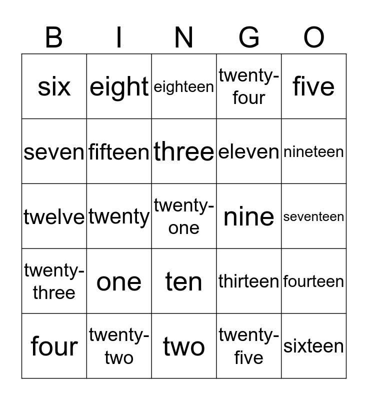 NUMBERS-1 Bingo Card
