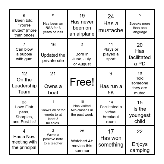 Right Start Bingo Card
