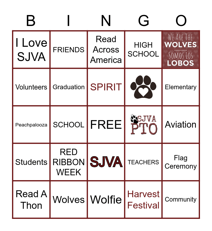 SJVA PTO Bingo Card