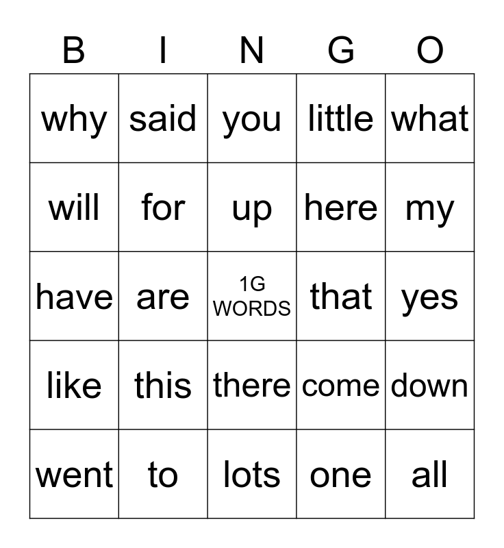 1G Words Bingo Card