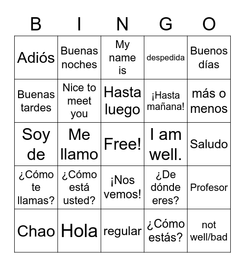 Saludos y despedidas Bingo Card