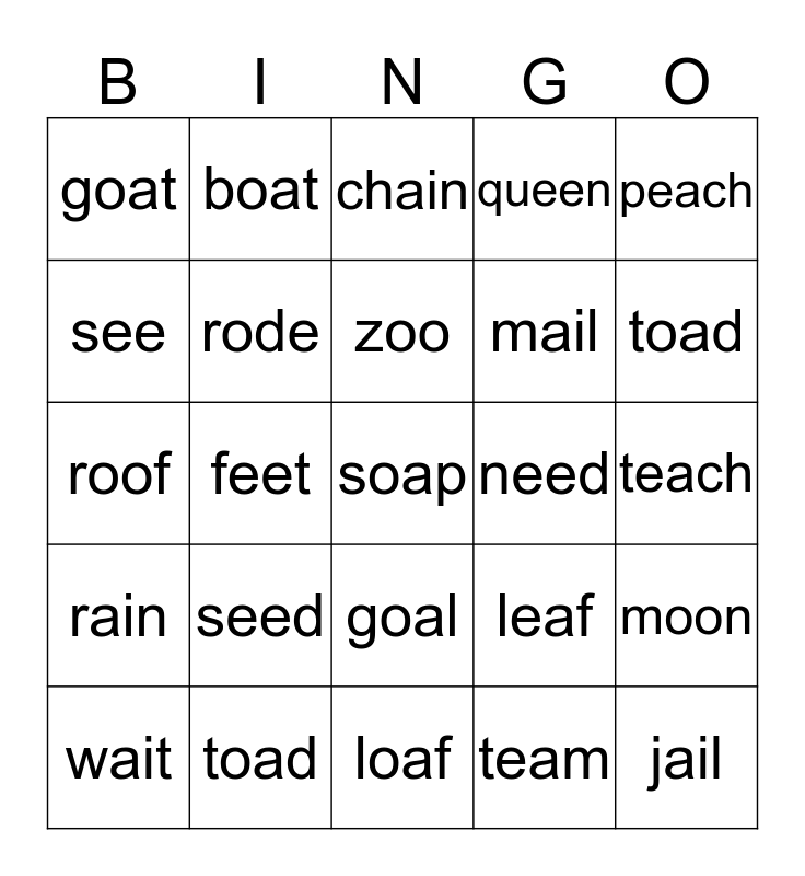 Long Vowel Digraphs Bingo Card