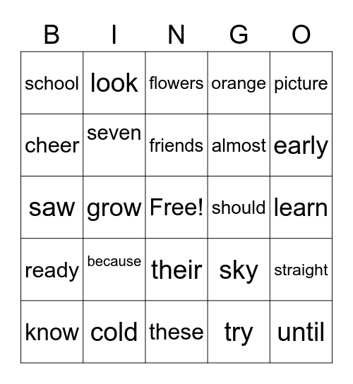 High Frequency Words Bingo Card