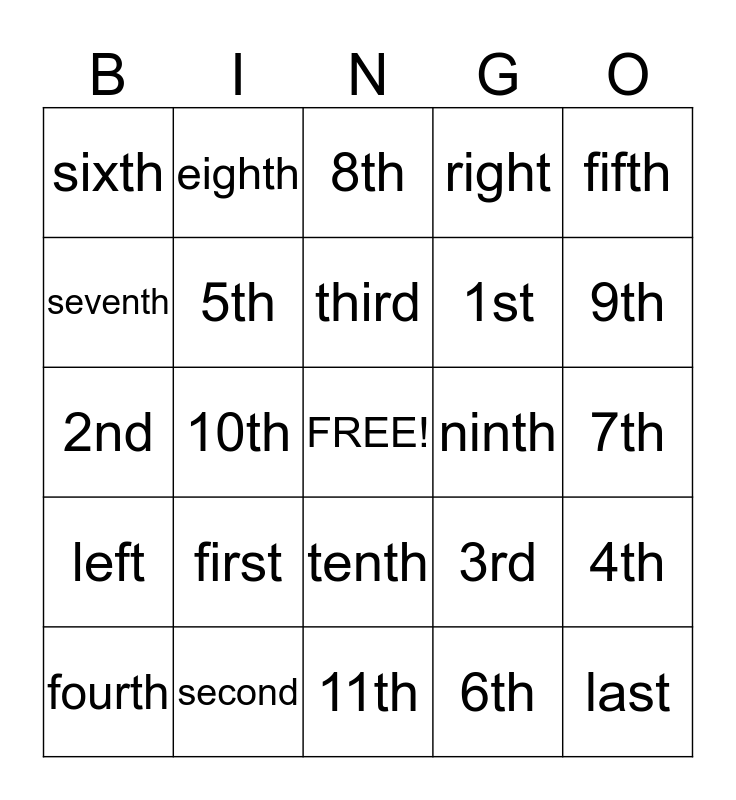 Ordinal Numbers Bingo Card