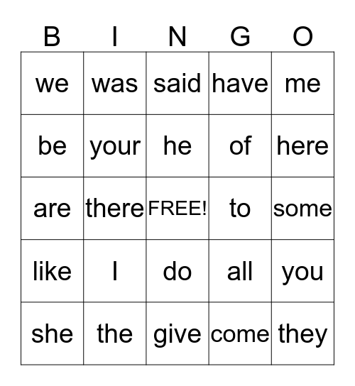Tricky Words Bingo Card