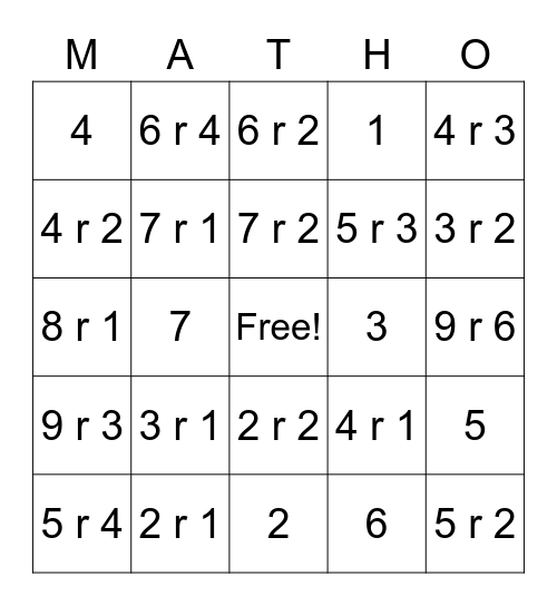 Division With Remainder Bingo Card Division With Remainder Bingo Card