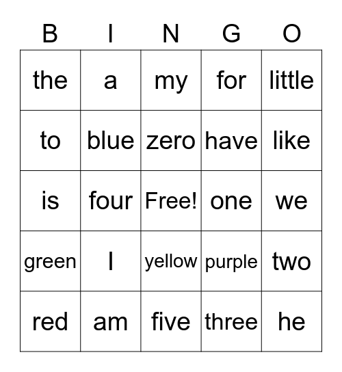 Sightword Bingo Card