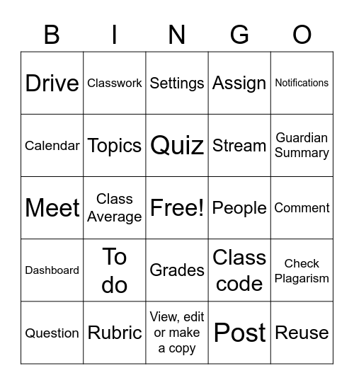 Google Classroom Bingo Card