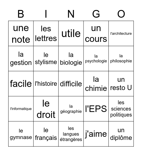 les Cours -D'Accord 1 leçon 2A Bingo Card