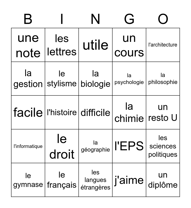 les Cours -D'Accord 1 leçon 2A Bingo Card