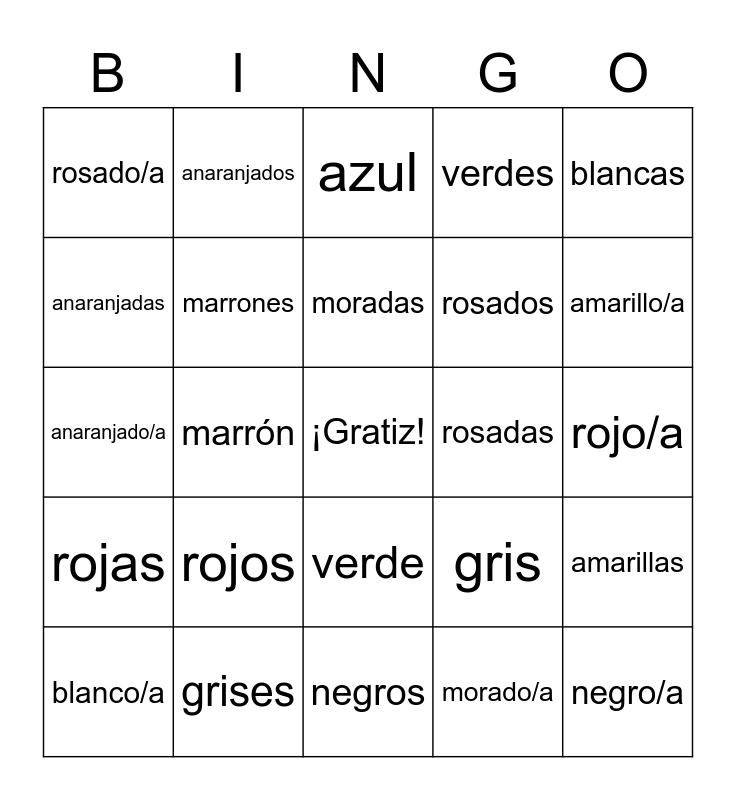 Los colores Bingo Card