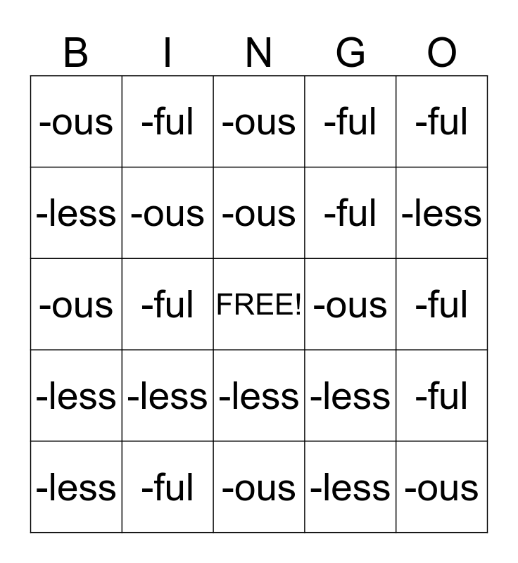 -less, -ful, -ous Bingo Card