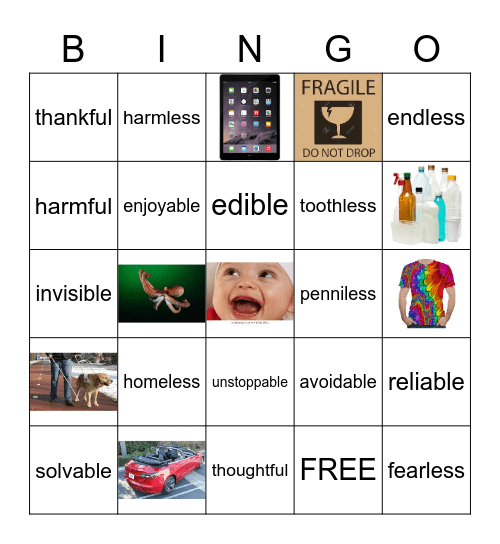 Suffixes: ful, less, able Bingo Card