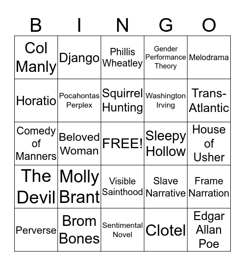 Early American Lit Bingo Card