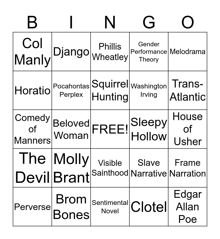 Early American Lit Bingo Card