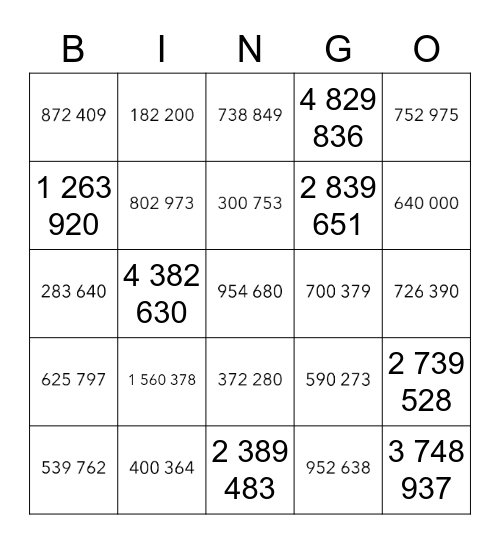 Big Numbers Bingo Card
