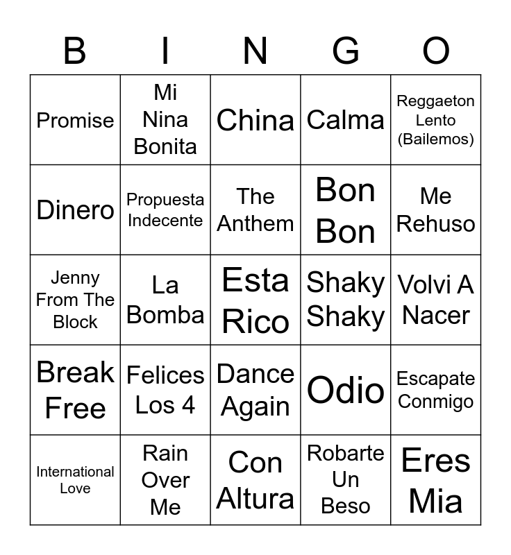 Latin Music Round Two Bingo Card