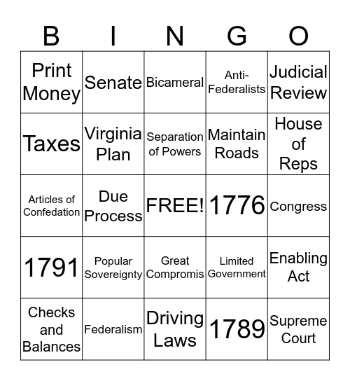 Constitution Bingo Card