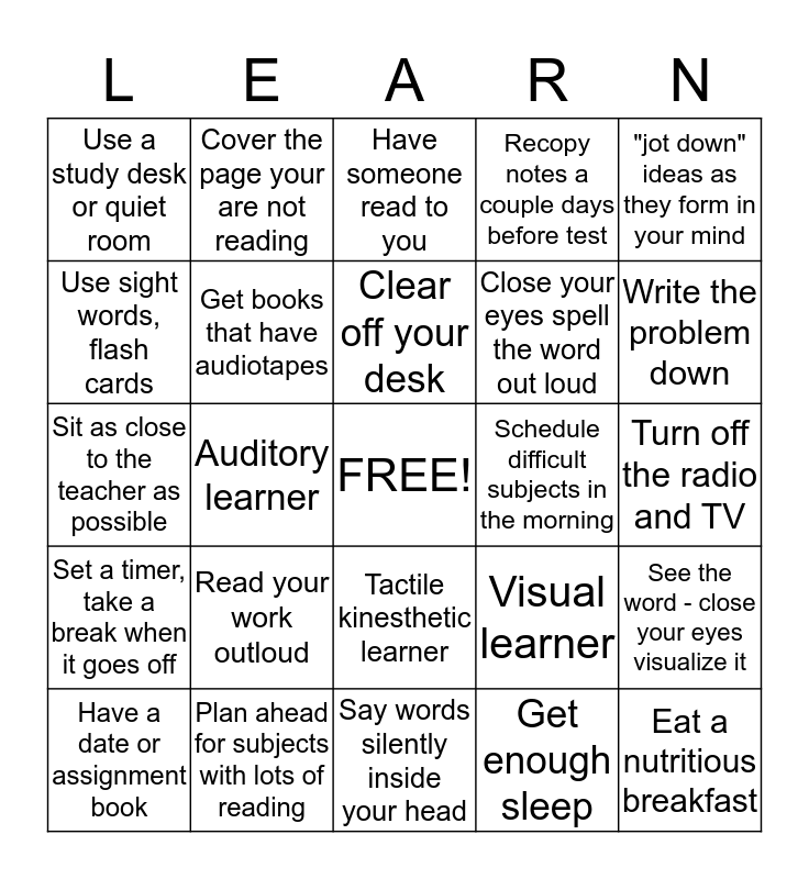 Tips for Learning Bingo Card