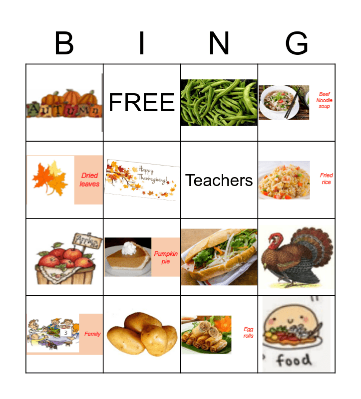 Culture - Thanksgiving and Food Bingo Card