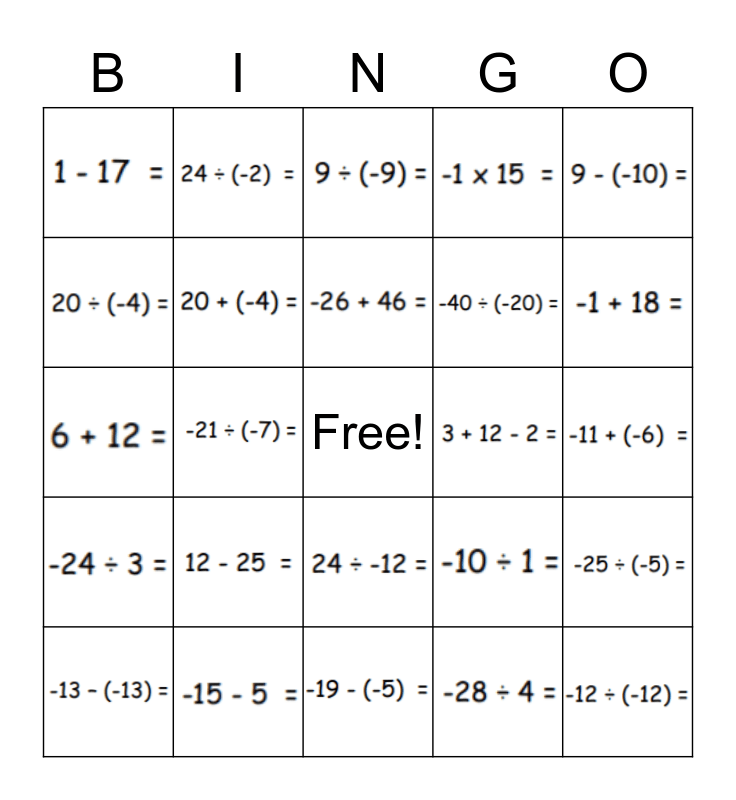 Integer Bingo Jordan Bingo Card