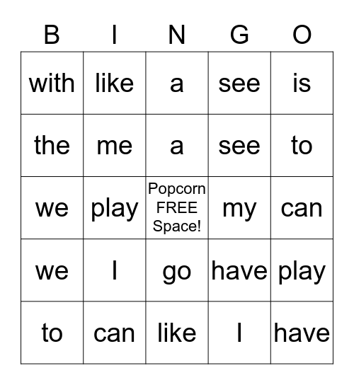 Popcorn Word Bingo Card