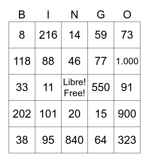 Les Nombres 0- 1.000 Bingo Card