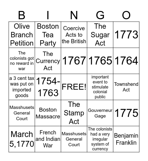 Causes of American Revolution Bingo Card