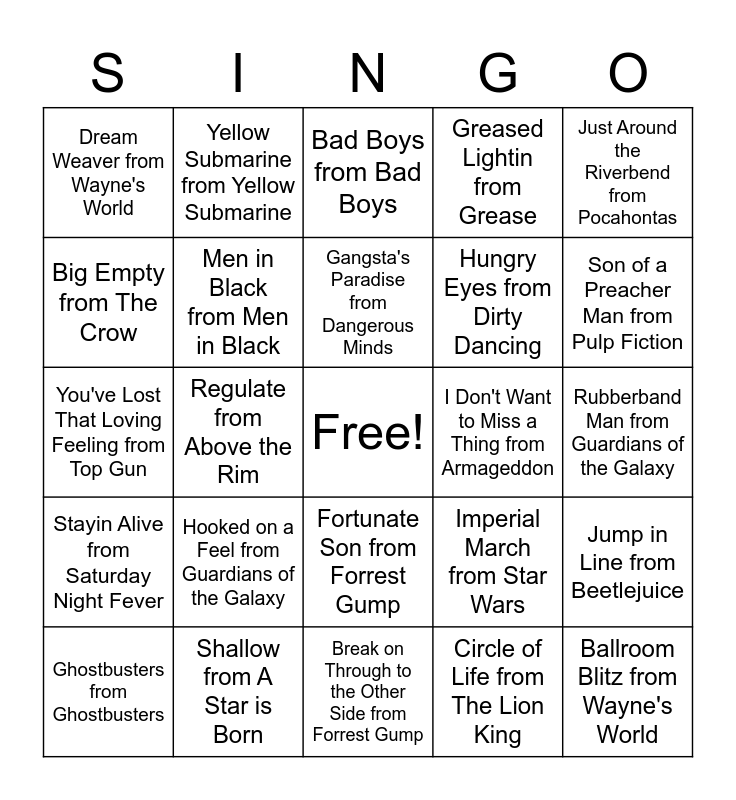 Thanksgiving Singo Movie Sountracks Bingo Card