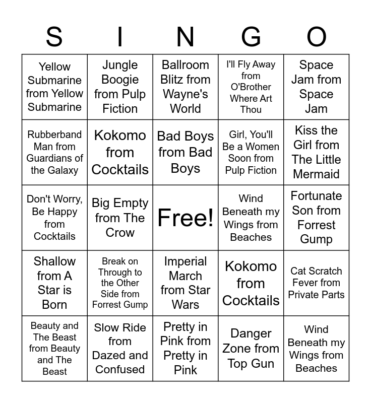 Thanksgiving Singo Movie Sountracks Bingo Card