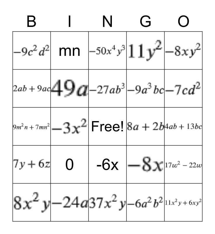 Adding & Subtracting Monomials Bingo Card
