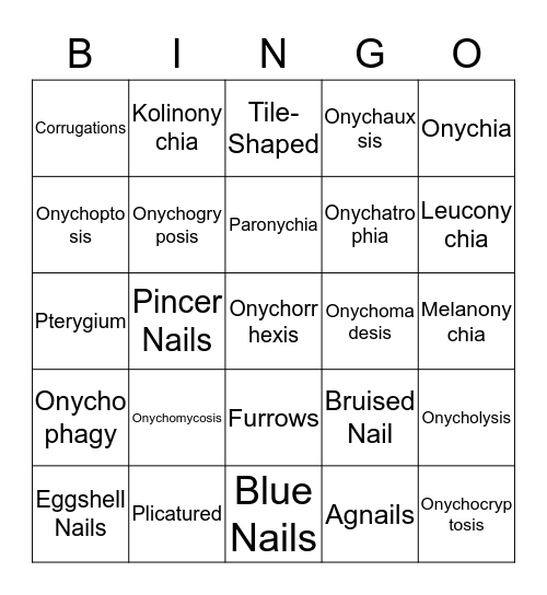 Nail Diseases and Disorders Bingo Card