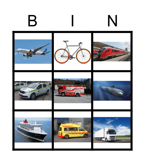 Means Of Transport Bingo Card