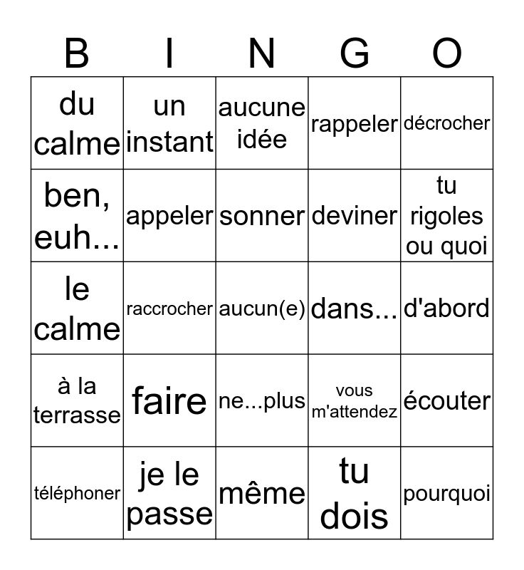 Mots dans le vent 5 Bingo Card