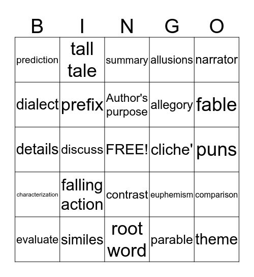 Literary Terms Bingo Card