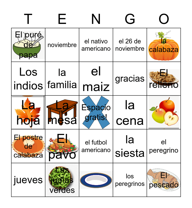 El dia de gracias Bingo Card