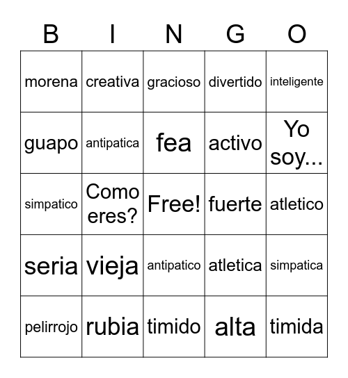 Spanish Adjectives Bingo Card
