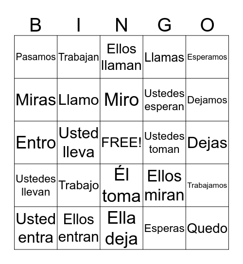 AR Verbs Bingo Card