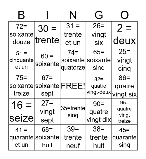 Les chiffres Bingo Card