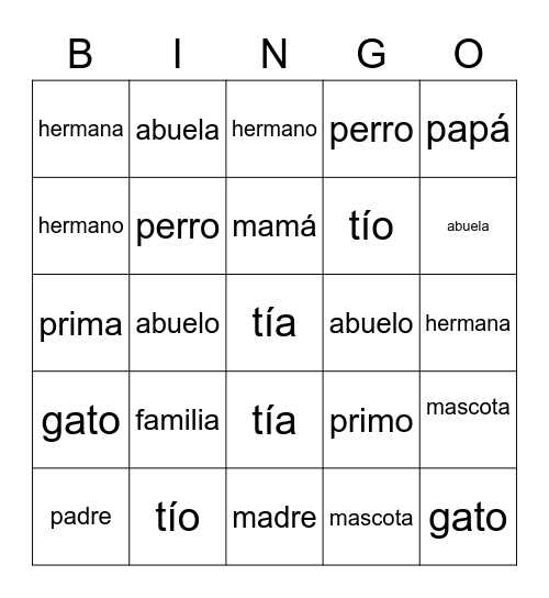 Spanish Family Members Bingo Card