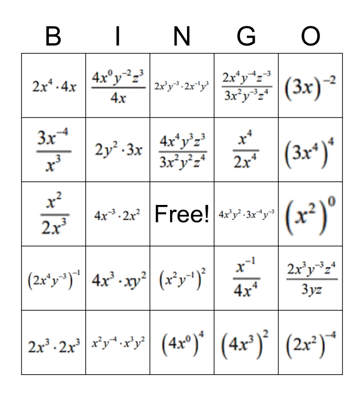 Exponent Laws Bingo Card