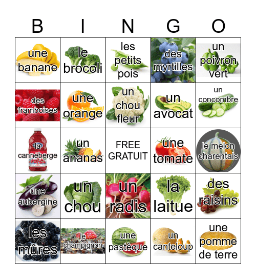 Fruits et Légumes en français Bingo Card