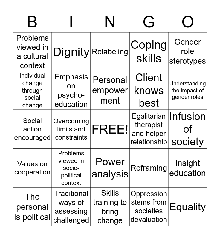 Feminist Therapy Key Concepts Bingo Card