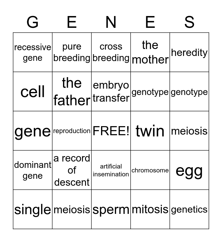 Genetics Bingo Card