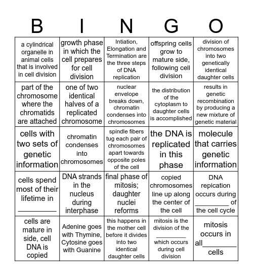 Cell Division and Mitosis Bingo Card