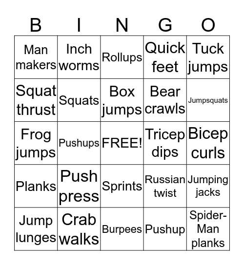 Boot camp Bingo Card